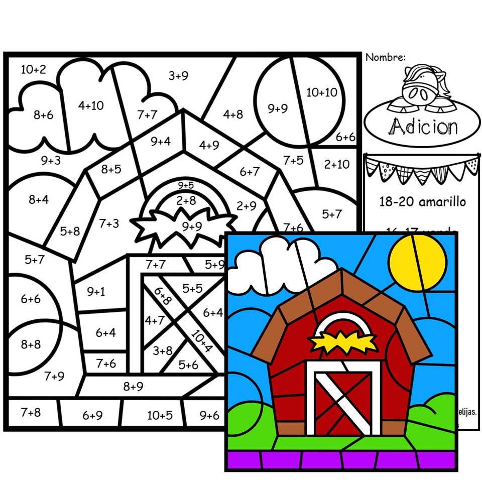 Spanish Color by Number Addition Facts Farm Animal | Made By Teachers