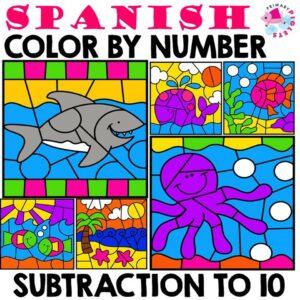Spanish Color by Number Subtraction to 10 Ocean - Made By Teachers
