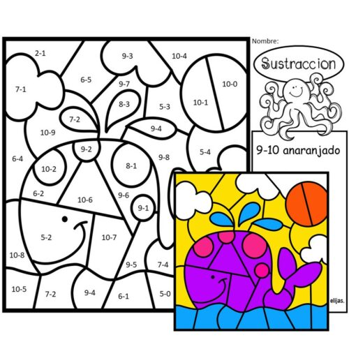 Spanish Color by Number Subtraction to 10 Ocean - Made By Teachers
