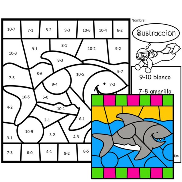 Spanish Color by Number Subtraction to 10 Ocean - Made By Teachers