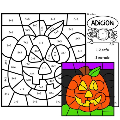 Spanish Color by Number Addition Halloween - Made By Teachers