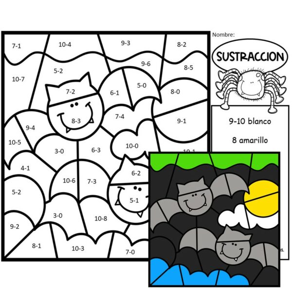 Spanish Color by Number Subtraction Halloween | Made By Teachers