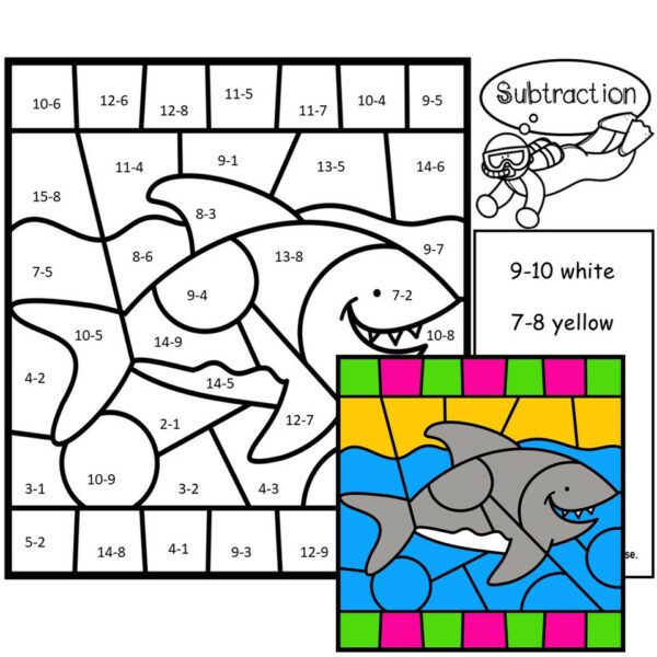 Summer Ocean Color by Number Subtraction mixed - Made By Teachers