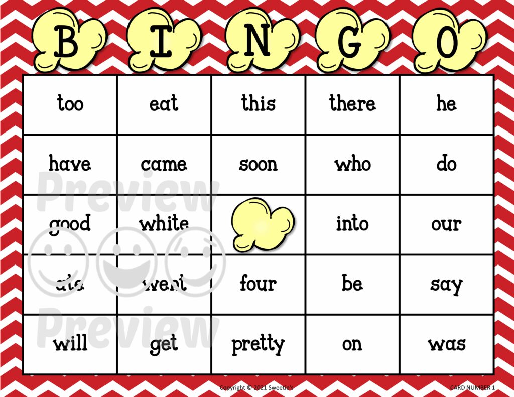 First Grade Sight Word Bingo Popcorn | Made By Teachers