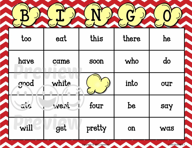First Grade Sight Word Bingo Popcorn - Made By Teachers