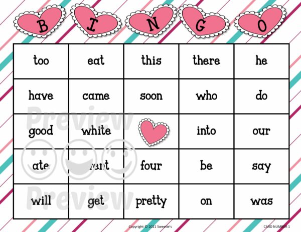 First Grade Sight Word Bingo Valentine - Made By Teachers