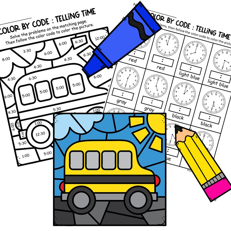 BACK TO SCHOOL COLOR BY NUMBER CODE TELLING TIME TO THE HOUR AND HALF ...