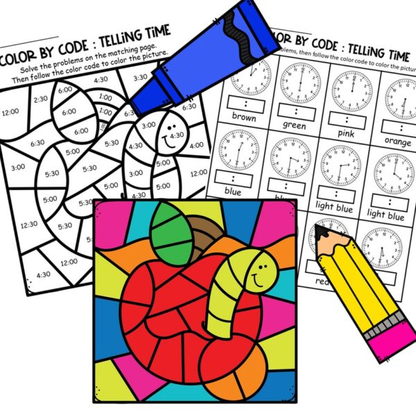 BACK TO SCHOOL COLOR BY NUMBER CODE TELLING TIME TO THE HOUR AND HALF ...