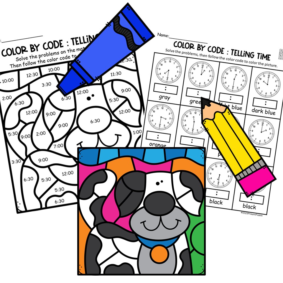 Telling Time Color by Number Pets Theme | Made By Teachers