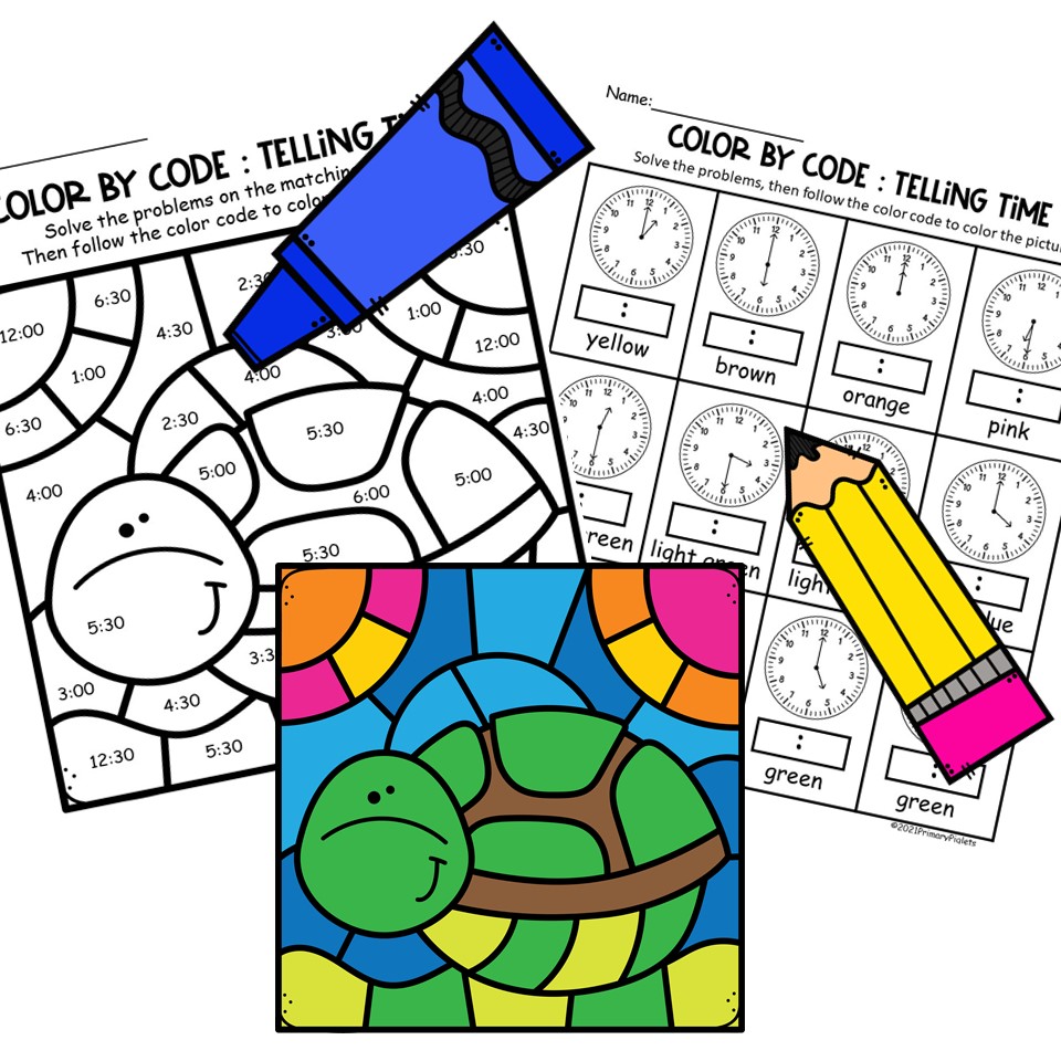 Telling Time Color by Number Pets Theme - Made By Teachers