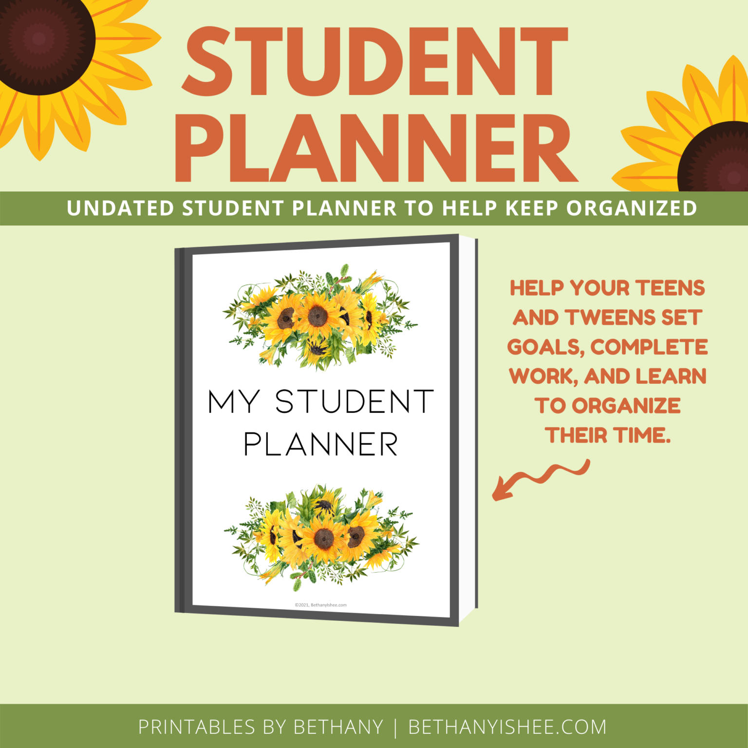 Sunflower Student Planner | Undated Daily, Weekly, | Made By Teachers