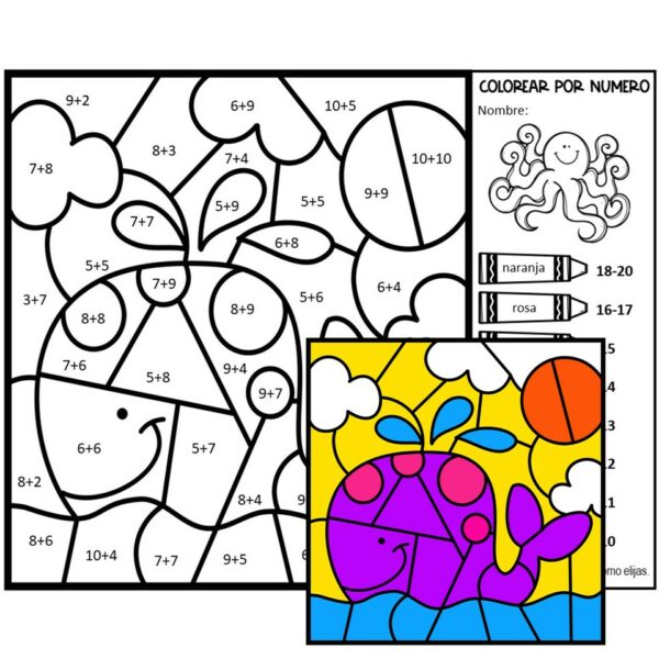 Spanish Summer Ocean Color by Number Addition - Made By Teachers