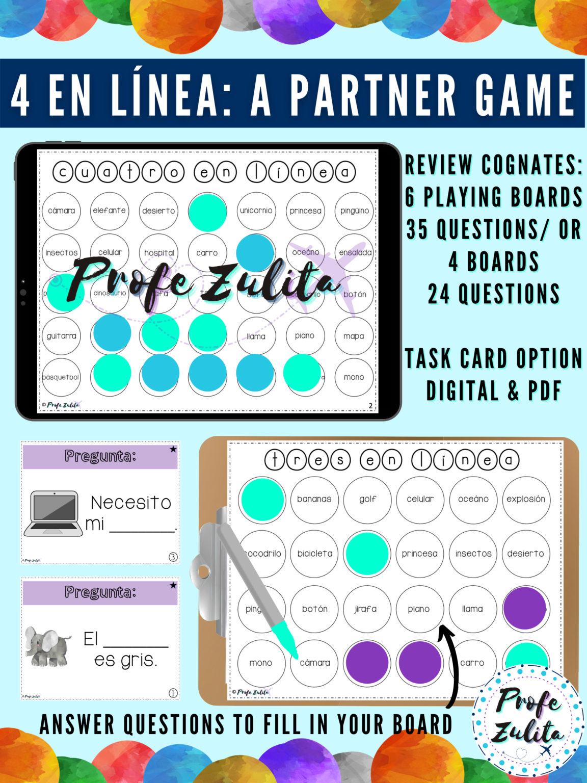 Cuatro en línea | Game for Spanish Cognates practi | Made By Teachers