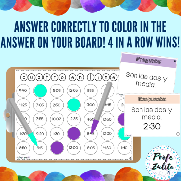 Cuatro en línea | Game for Telling Time in Spanish | Made By Teachers