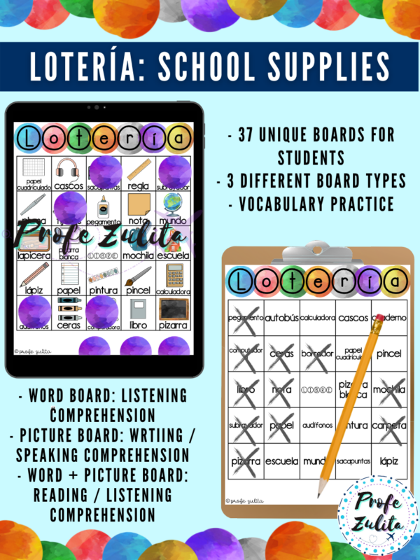 Lotería Game | Spanish School Supplies practice | Made By Teachers