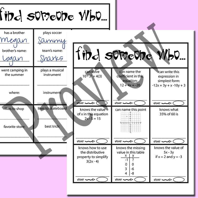 First Day of School Algebra Find Someone Who | Made By Teachers
