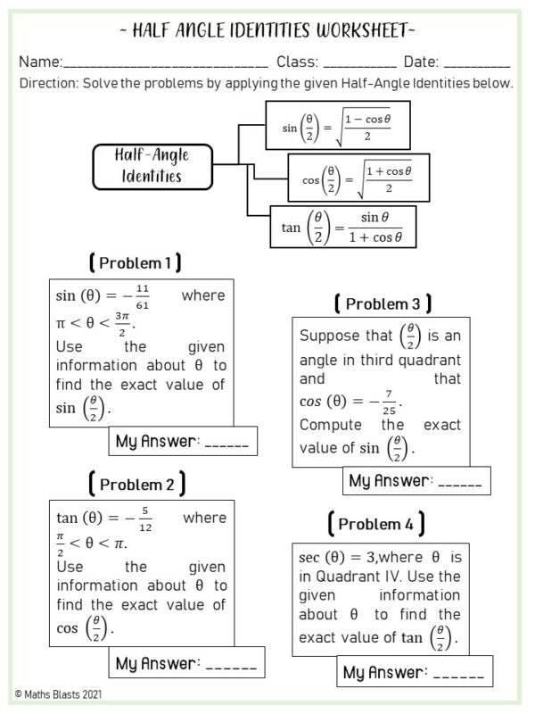 Double and Half Angle Identities Worksheets - Made By Teachers