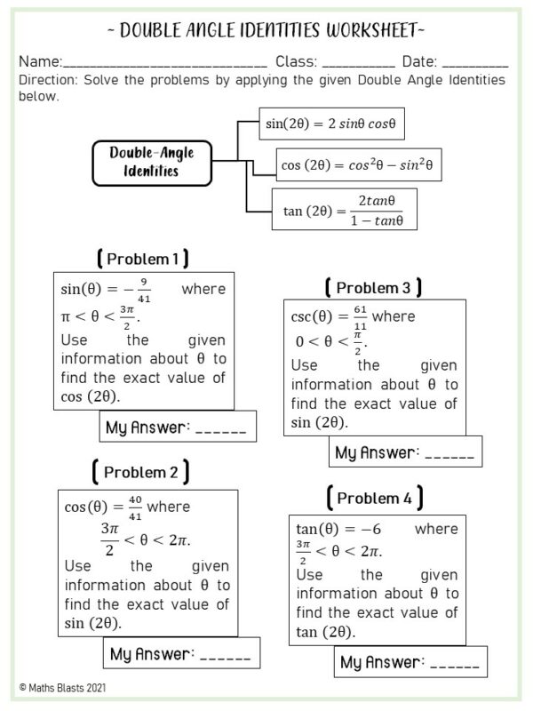Double and Half Angle Identities Worksheets - Made By Teachers