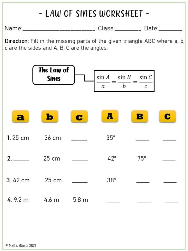 Law of Sines and Law of Cosines Worksheets - Made By Teachers
