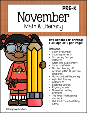 Pre-K November Math & Literacy | Made By Teachers