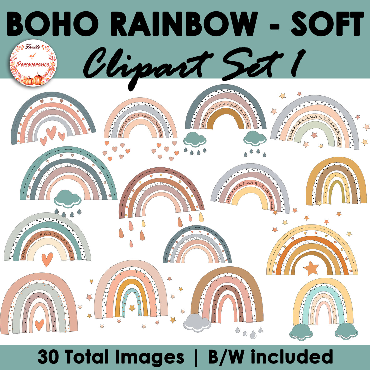 Boho Rainbow Clipart Bundle Bright & Pastel | Made By Teachers
