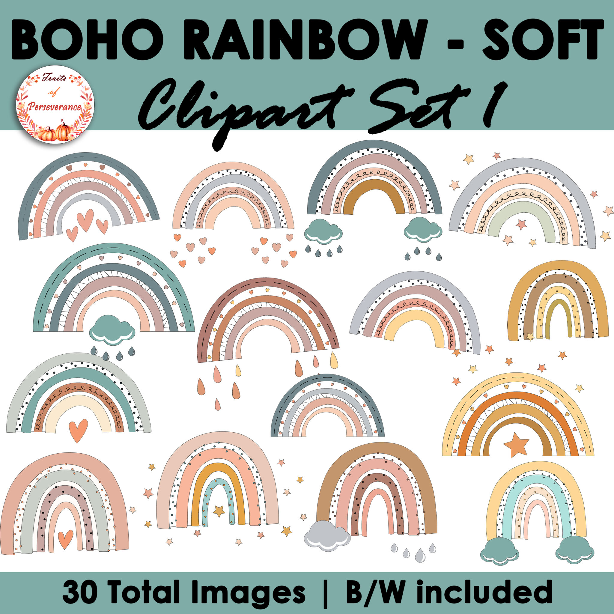 Boho Rainbow Clipart Bundle Bright & Pastel | Made By Teachers