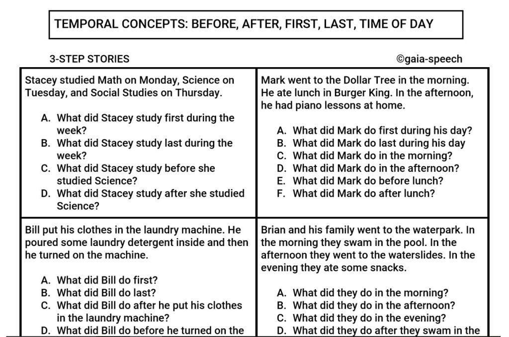 3 STEP TEMPORAL CONCEPTS: BEFORE, AFTER, FIRST, LAST, TIME OF DAY ...