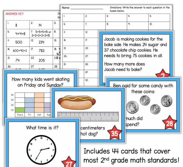 Grade 2 Math Task Cards Spiral Review All Standard - Made By Teachers
