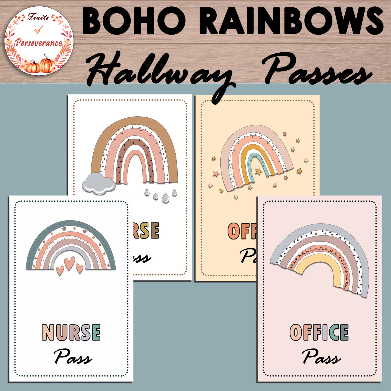 Hall and Restroom Passes Boho Rainbow Theme | Made By Teachers