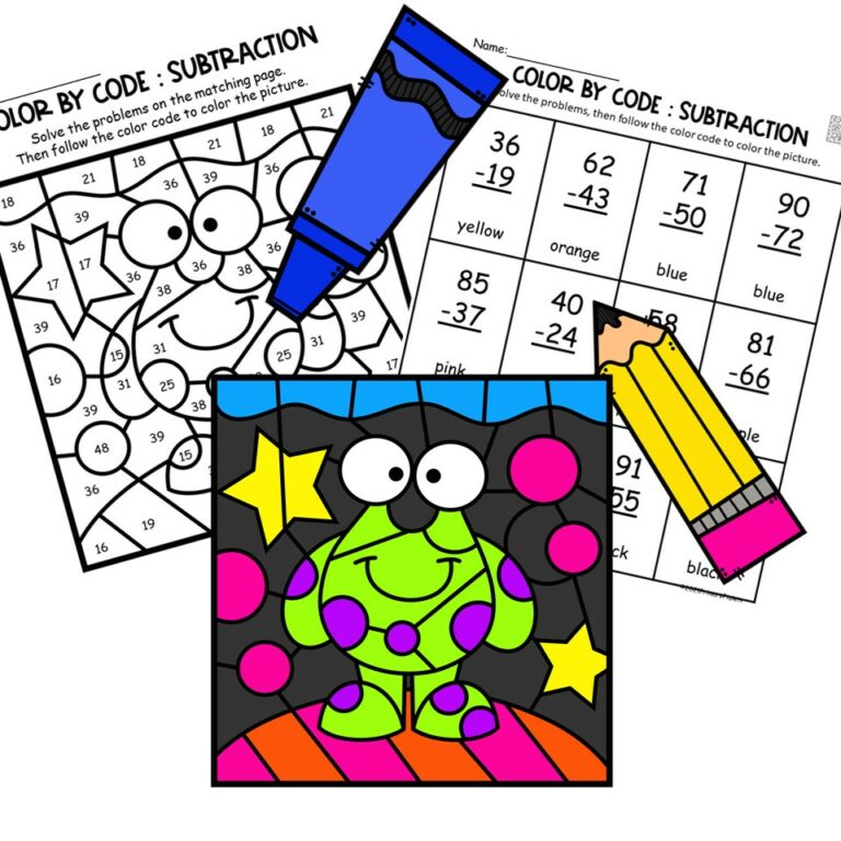 SUBTRACTION WITH REGROUPING COLOR BY NUMBER SPACE | Made By Teachers
