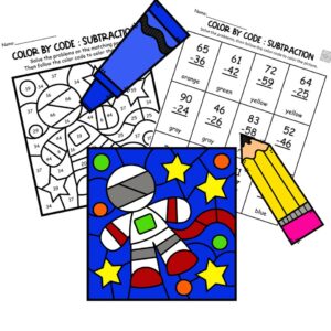 SUBTRACTION WITH REGROUPING COLOR BY NUMBER SPACE - Made By Teachers
