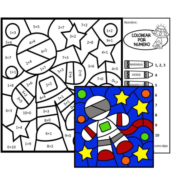 SPANISH COLOR BY NUMBER ADDITION FACTS SPACE THEME - Made By Teachers