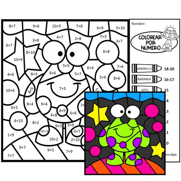 SPANISH COLOR BY NUMBER ADDITION FACTS SPACE THEME - Made By Teachers