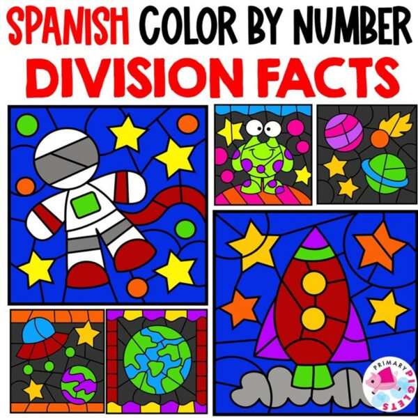 SPANISH COLOR BY NUMBER DIVISION FACTS SPACE THEME | Made By Teachers