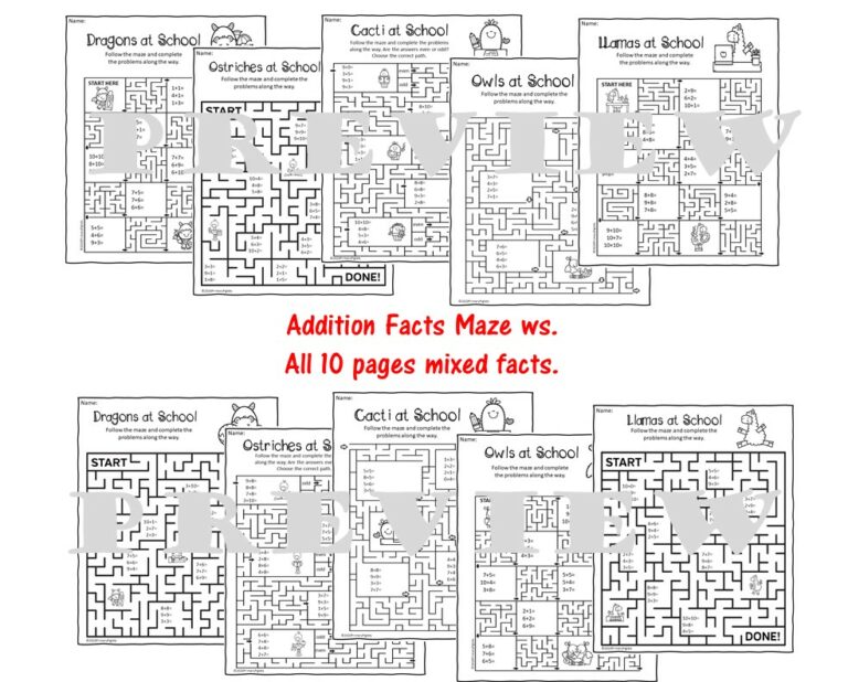 ADDITION & SUBTRACTION MATH FACTS PRACTICE MAZES WORKSHEETS | Made By ...