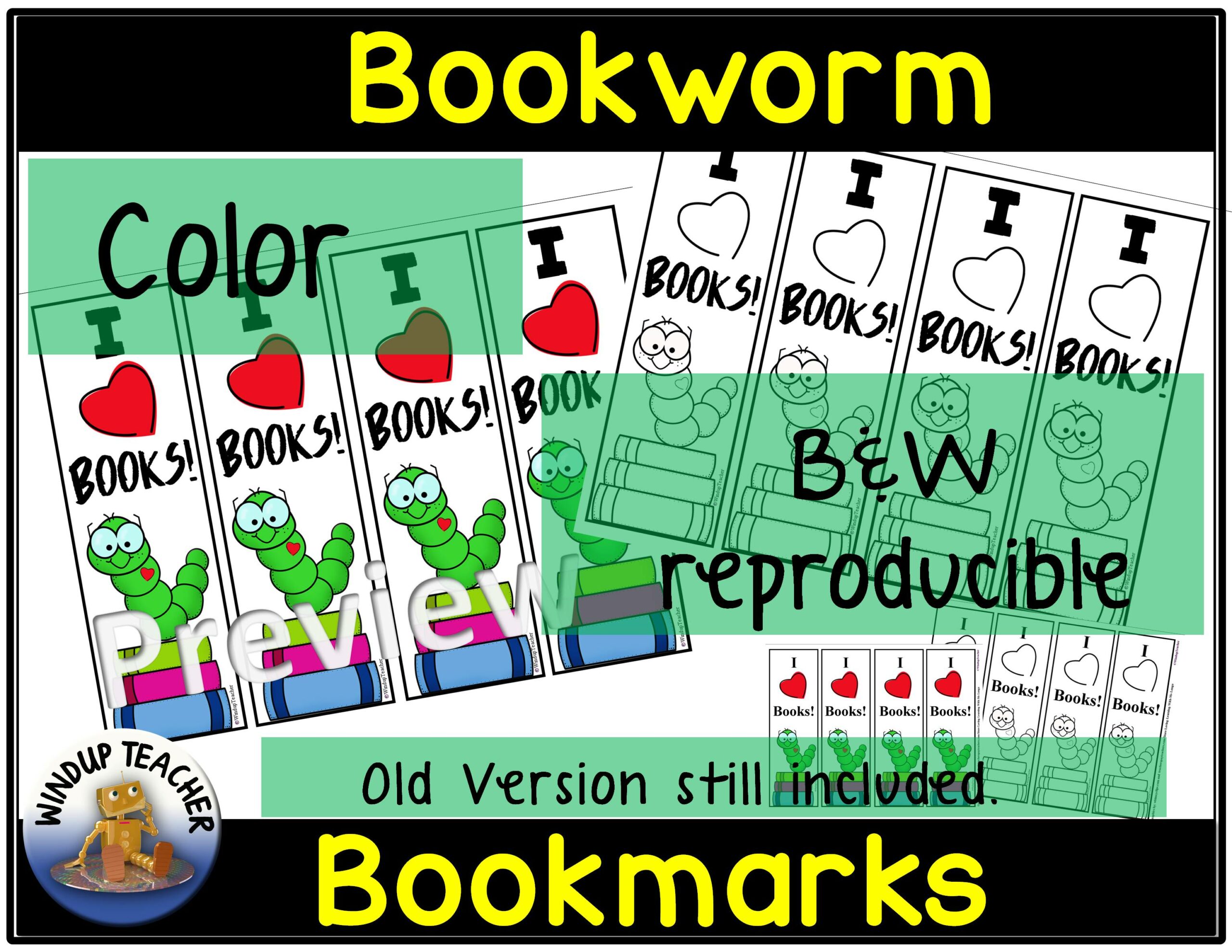 Bookworm Bookmarks - Color and B&W - Made By Teachers