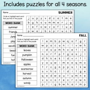 Word Searches All Year 30 Holidays & Seasons Vocab - Made By Teachers