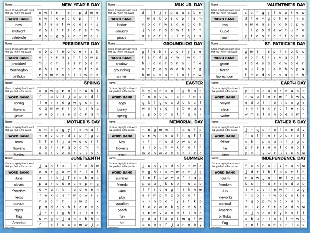 Word Searches All Year 30 Holidays & Seasons Vocab - Made By Teachers
