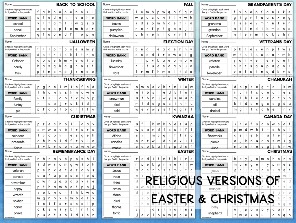 Word Searches All Year 30 Holidays & Seasons Vocab - Made By Teachers