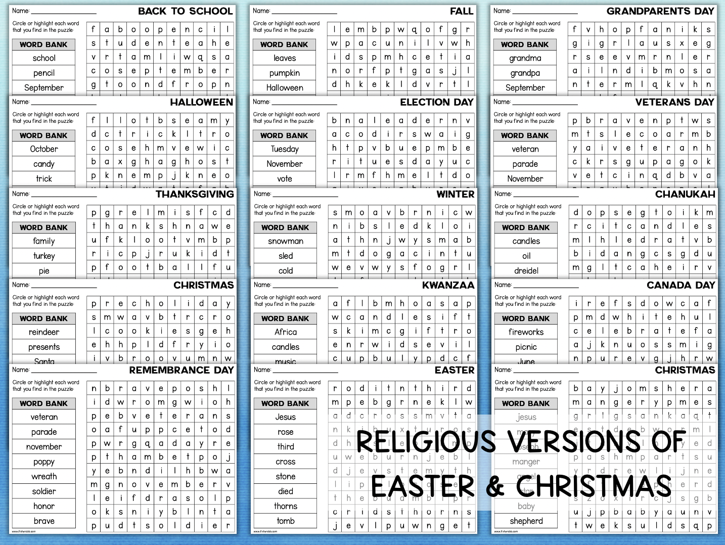 Word Searches All Year 30 Holidays & Seasons Vocab - Made By Teachers