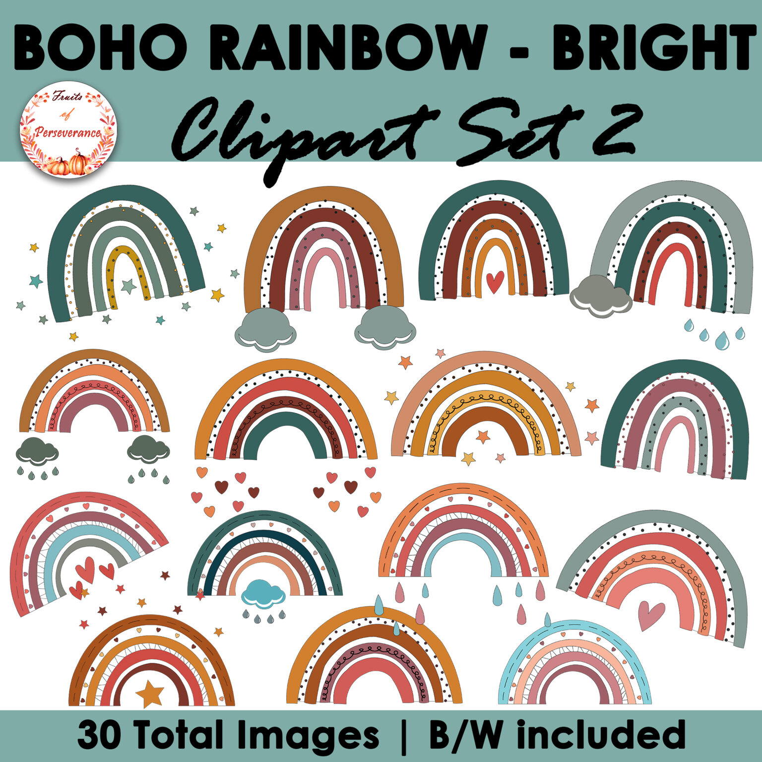 Boho Rainbow Clipart Set of Bright Colors - Made By Teachers