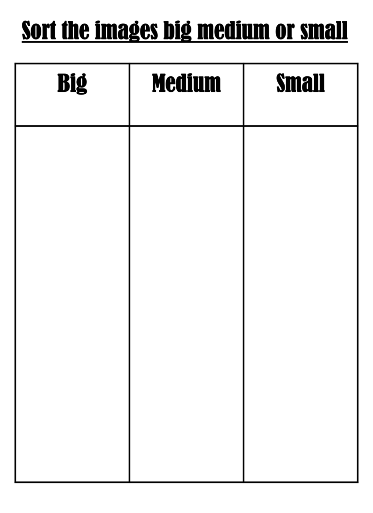 Big Medium and Small work pack sorting by size - Made By Teachers