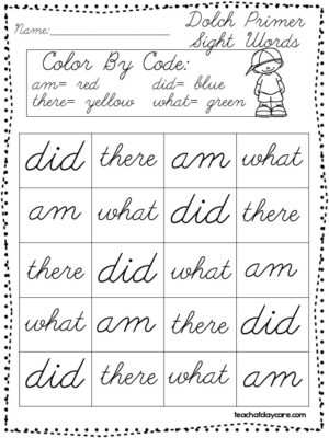 Dolch Primer Cursive Color the Word Worksheets - Made By Teachers