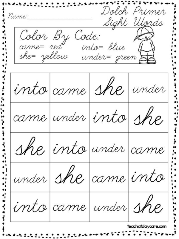 Dolch Primer Cursive Color the Word Worksheets - Made By Teachers