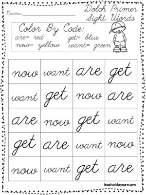 Dolch Primer Cursive Color the Word Worksheets - Made By Teachers