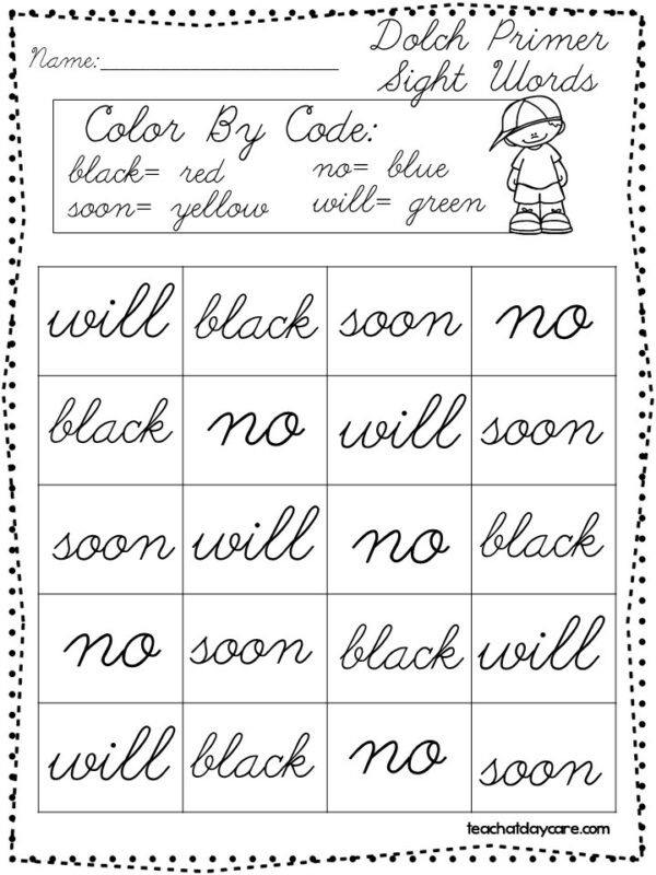 Dolch Primer Cursive Color the Word Worksheets - Made By Teachers