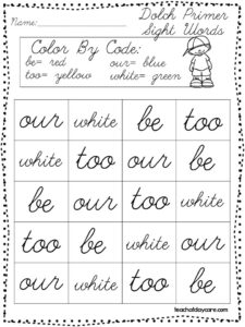 Dolch Primer Cursive Color the Word Worksheets - Made By Teachers