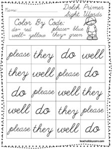 Dolch Primer Cursive Color the Word Worksheets - Made By Teachers