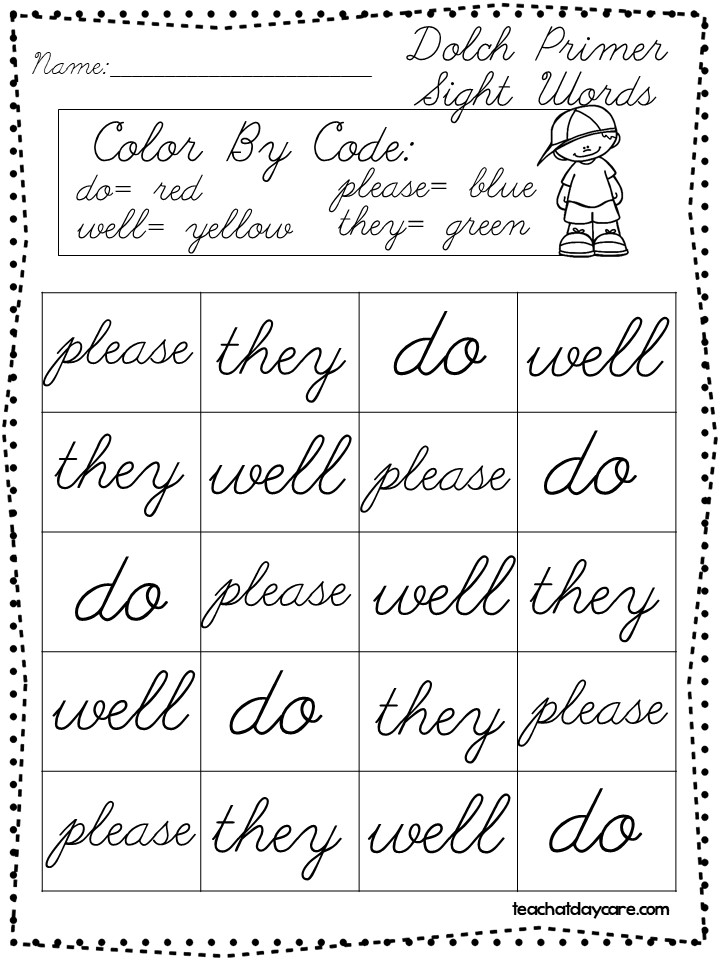 Dolch Primer Cursive Color the Word Worksheets - Made By Teachers