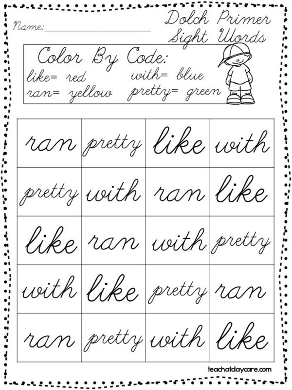Dolch Primer Cursive Color the Word Worksheets - Made By Teachers